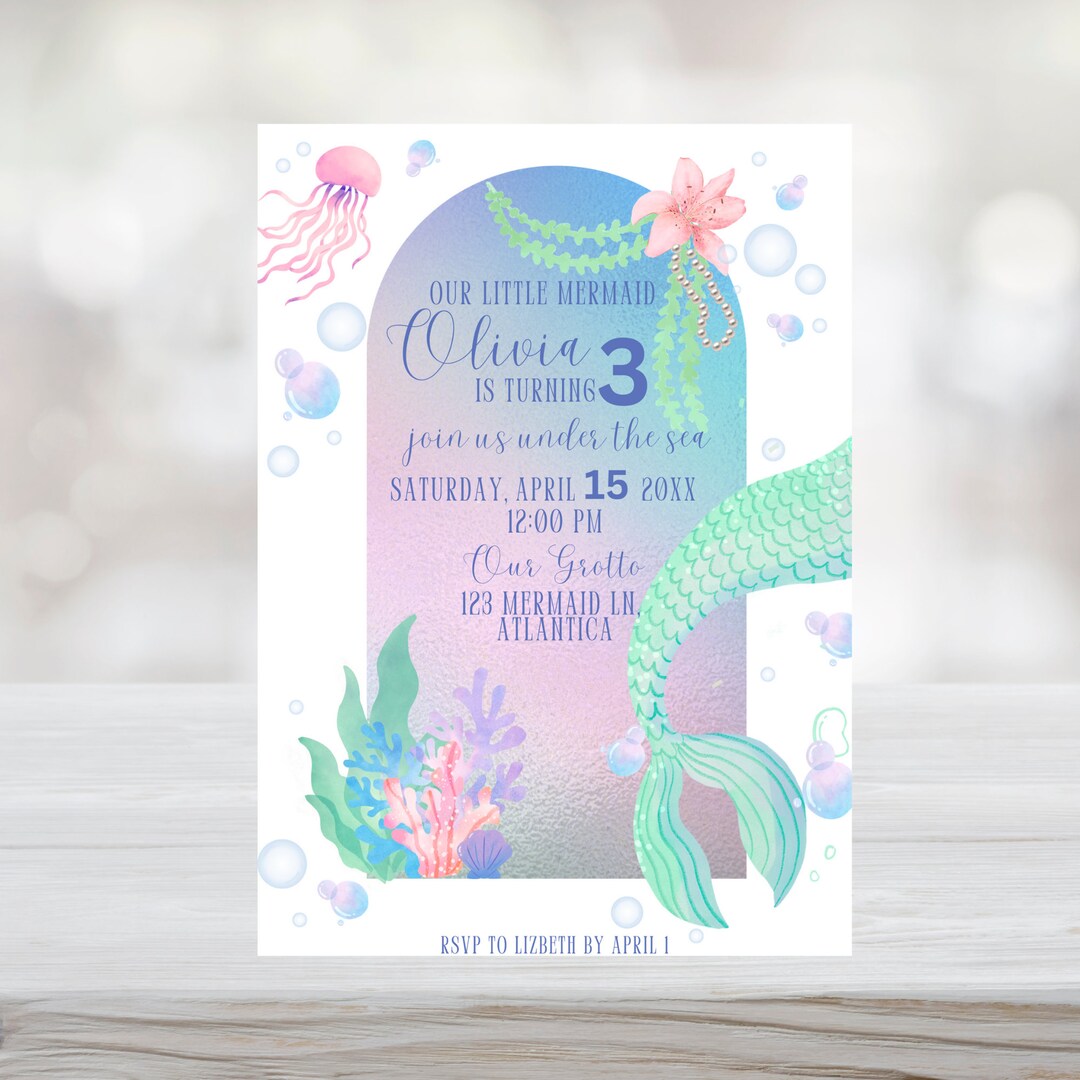 Editable Mermaid Birthday Invitation Mermiad Under the Sea Birthday ...