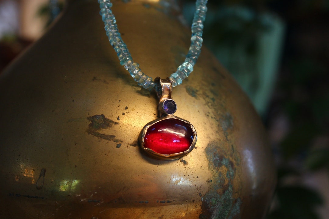 Solid 14k Gold Ruby and Iolite Pendant on Blue Apatite Beaded Necklace ...