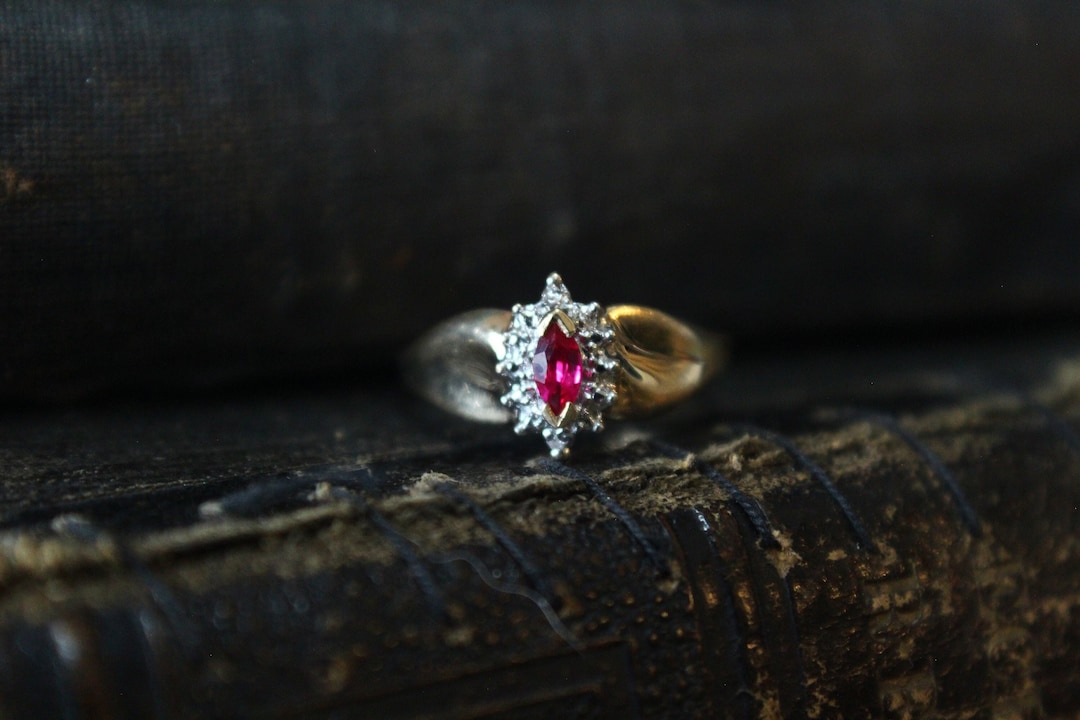 Vintage Marquise Ruby and Diamond Halo 14k Yellow Gold Ring Vintage 14k ...