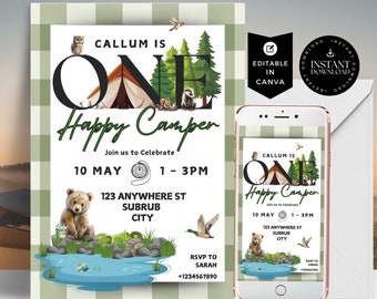 ONE Happy Camper!! Camping Theme First Birthday Party Invitation Template!! - Etsy