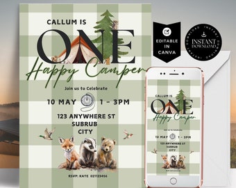 ONE Happy Camper!! Camping Theme First Birthday Party Invitation Template!! - Etsy