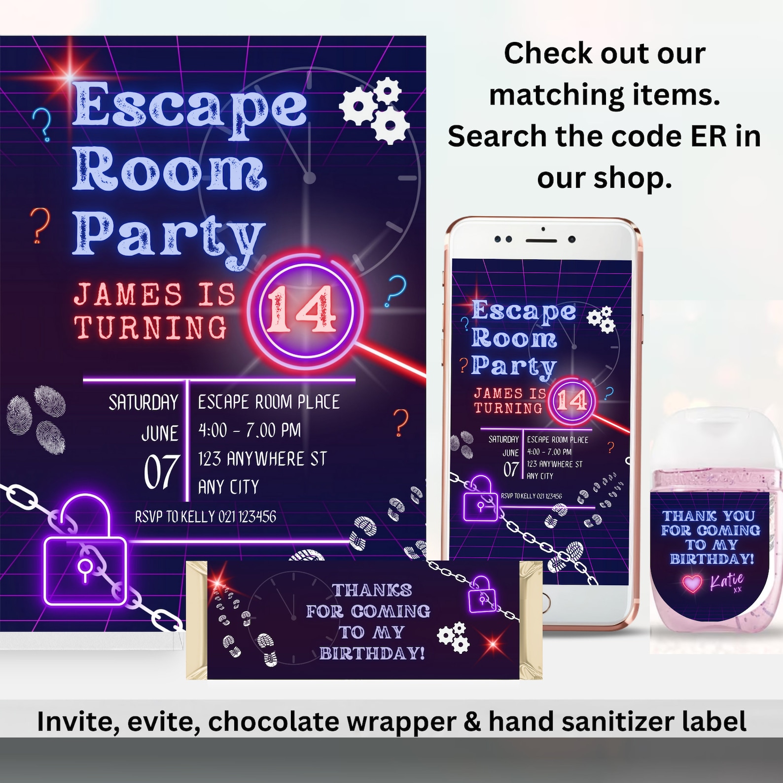 Editable Escape Room Birthday Invitation Digital Neon Invite - Etsy