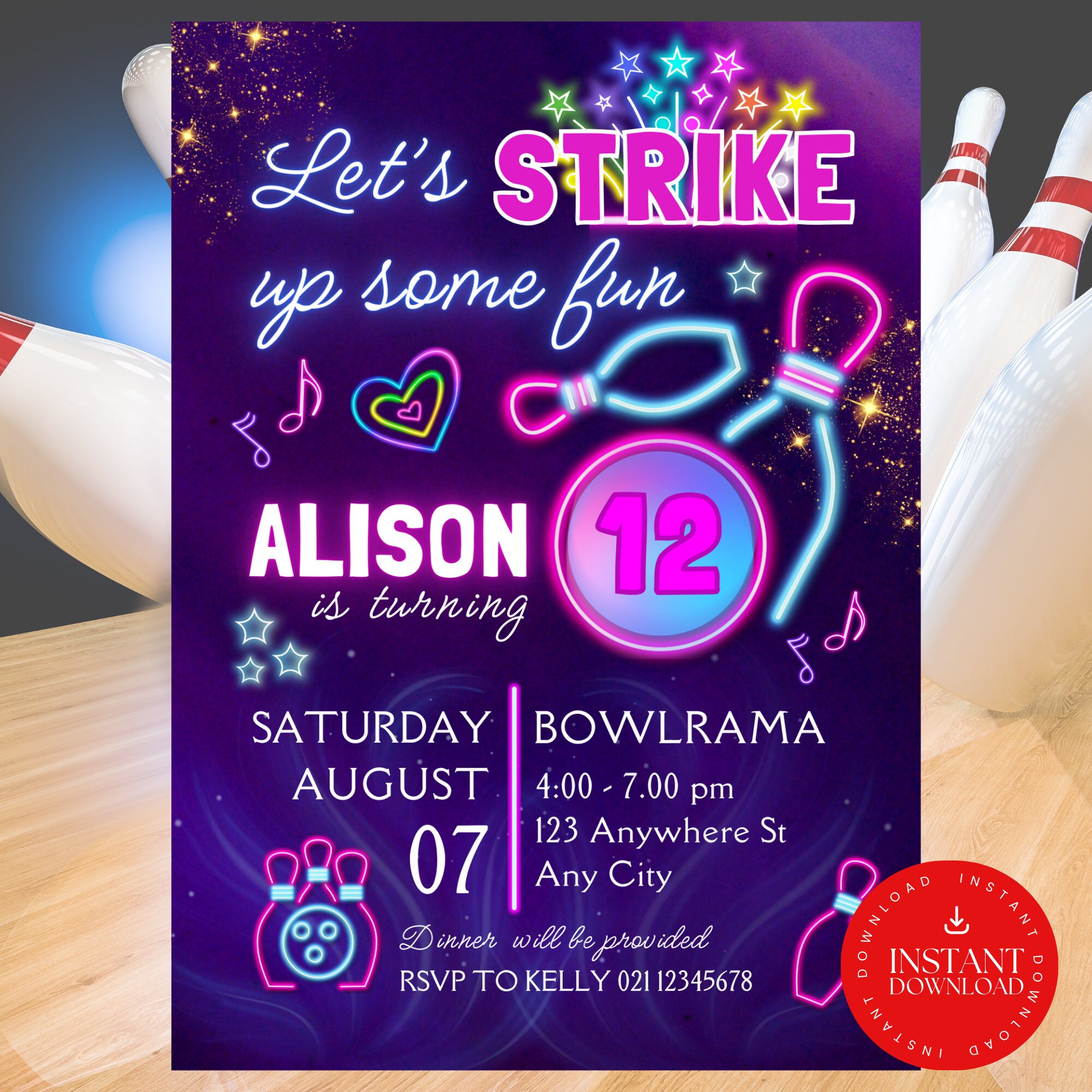 Bowling Birthday Invitation Instant Download Template, Editable Teen ...