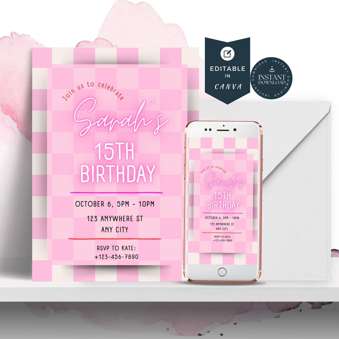 Girl Birthday Invitation Template Party Simple Customizable Checker ...