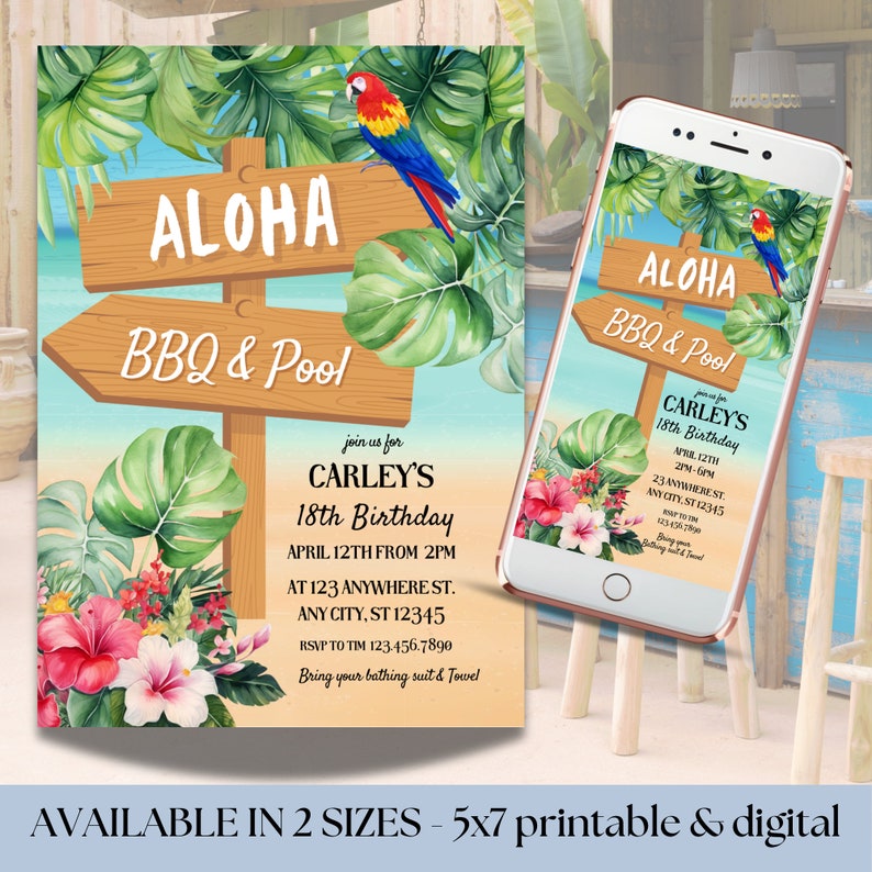 Editable Aloha Pool Party Invitation, Hawaiian Birthday Invite ...