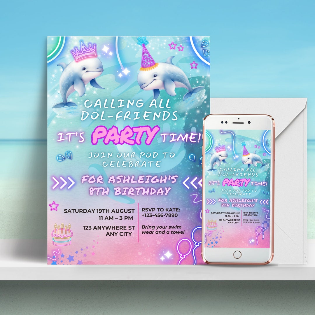 Editable Dolphin Birthday Party Invitation Tie Dye Neon Glow Dolphin ...