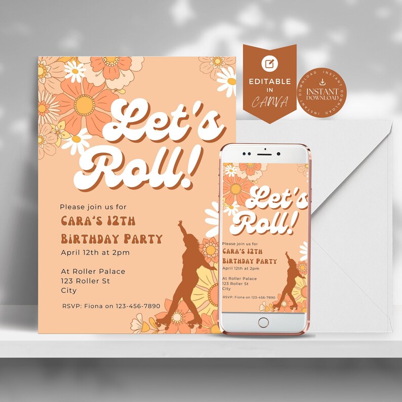 Let's Roll, Retro Groovy, Roller Skate Birthday Party Invitation, Daisy ...