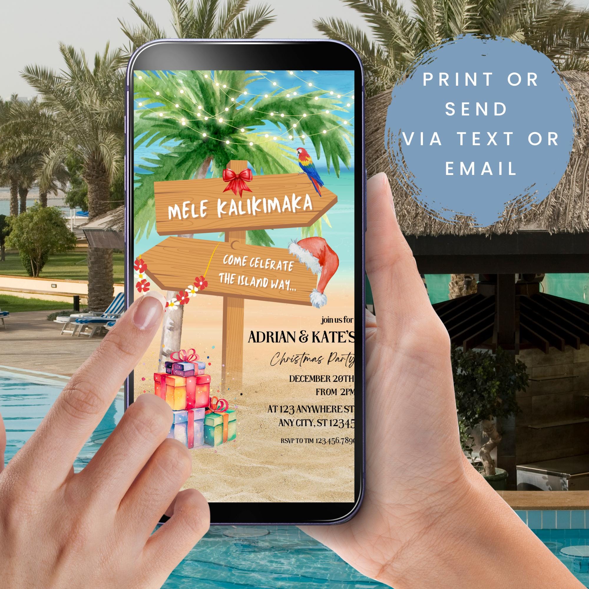 Editable Mele Kalikimaka Christmas Invitation Tropical Palm Tree ...