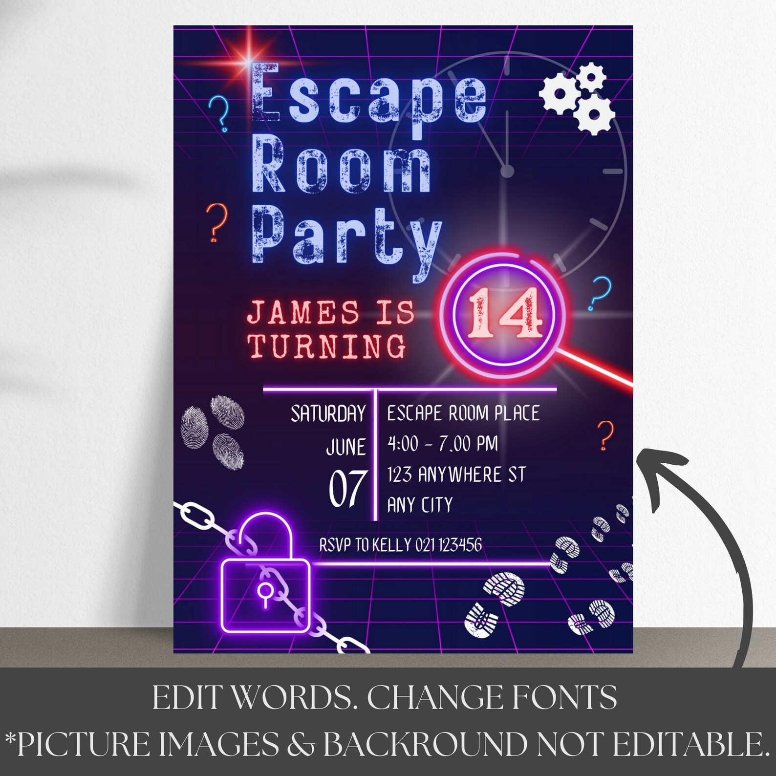 Editable Escape Room Birthday Invitation, Digital Neon Invite, Kids or ...