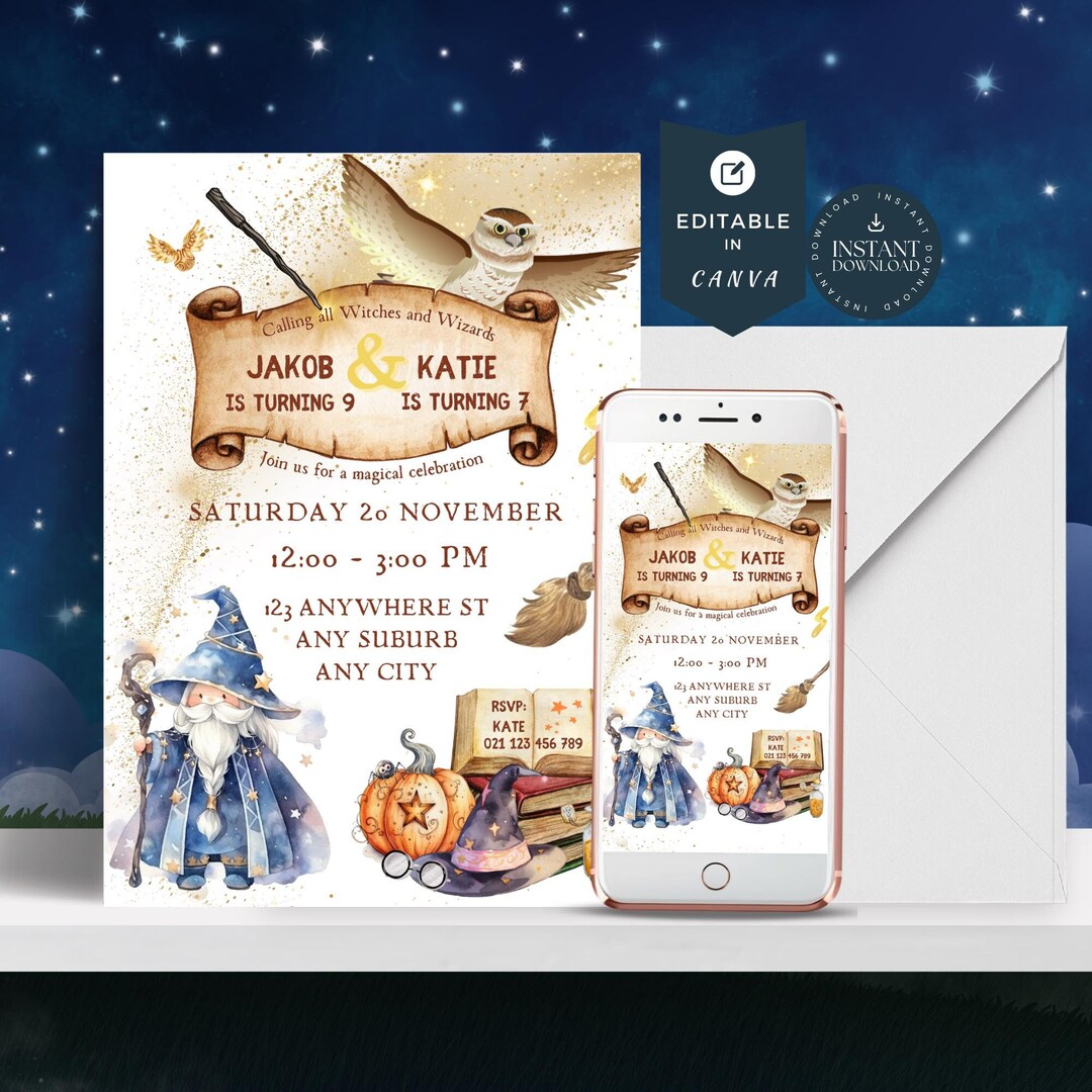 Wizard Twin Birthday Invitation, Wizard Siblings Invitatio,n Wizard ...