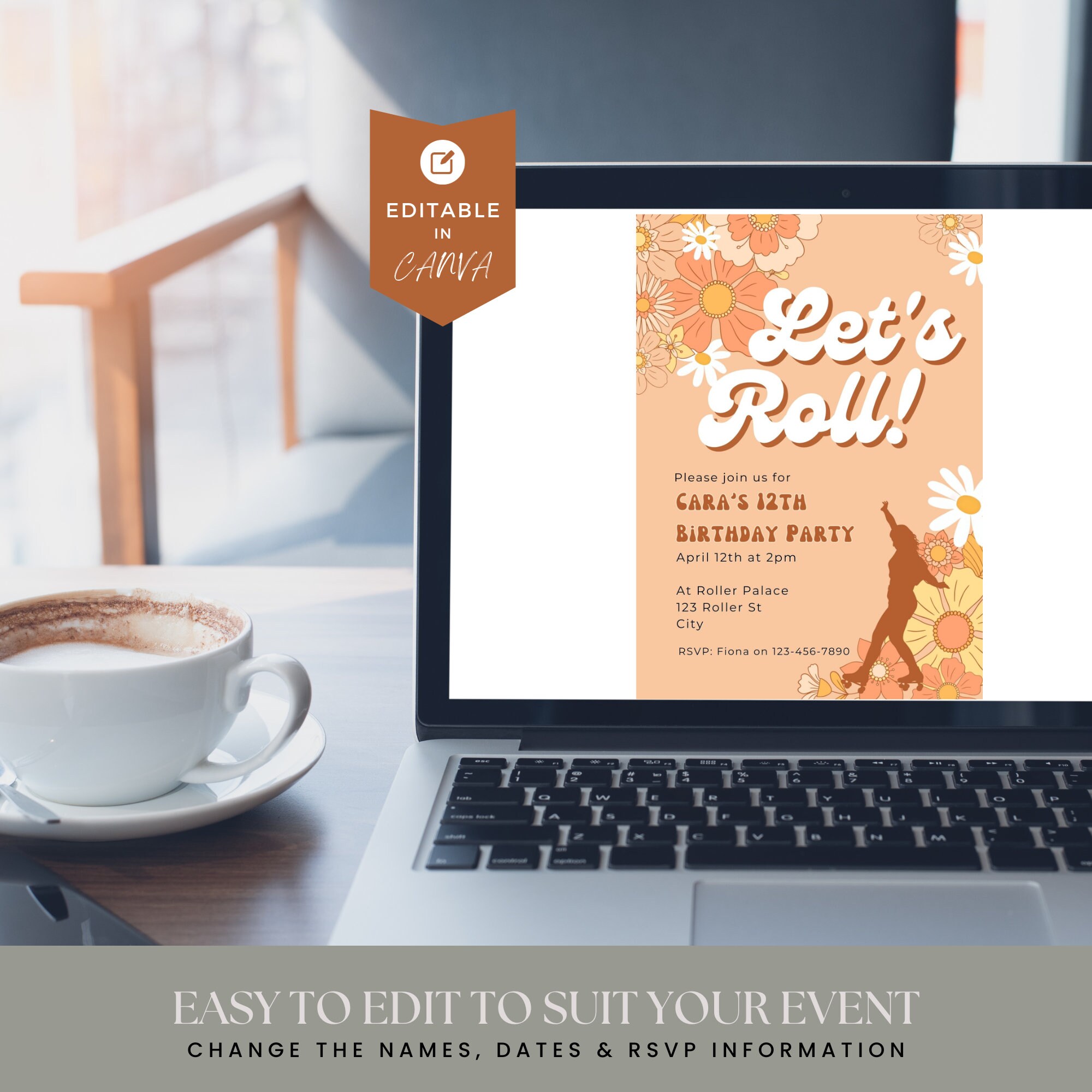 Let's Roll, Retro Groovy, Roller Skate Birthday Party Invitation, Daisy ...