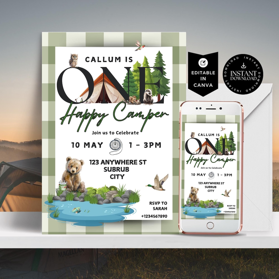 ONE Happy Camper Theme 1st Birthday Party Invitation, Camping, Camper ...