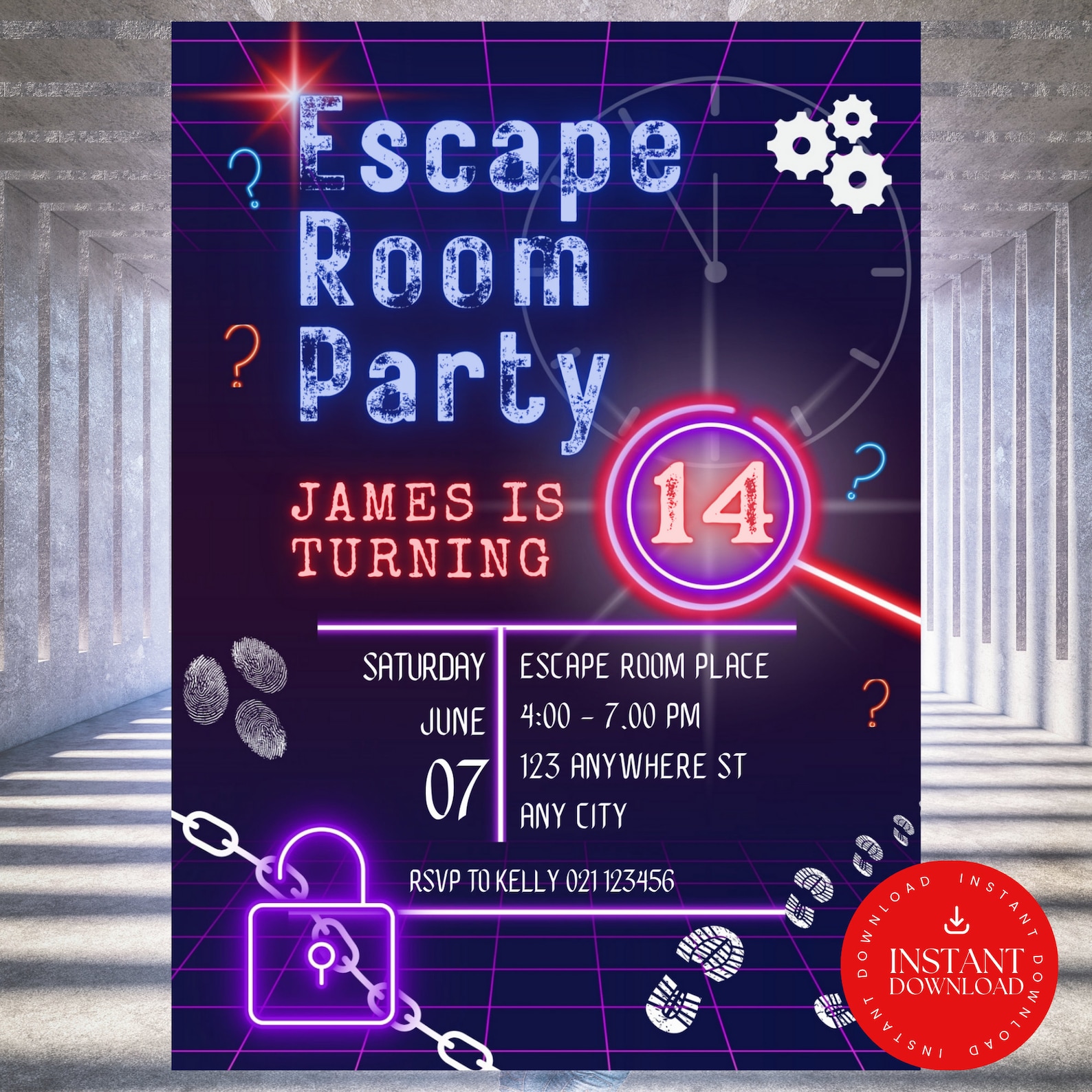 Editable Escape Room Birthday Invitation, Digital Neon Invite, Kids or ...
