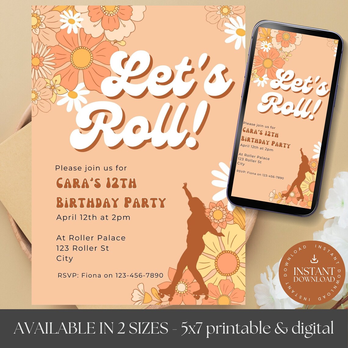 Let's Roll, Retro Groovy, Roller Skate Birthday Party Invitation, Daisy ...
