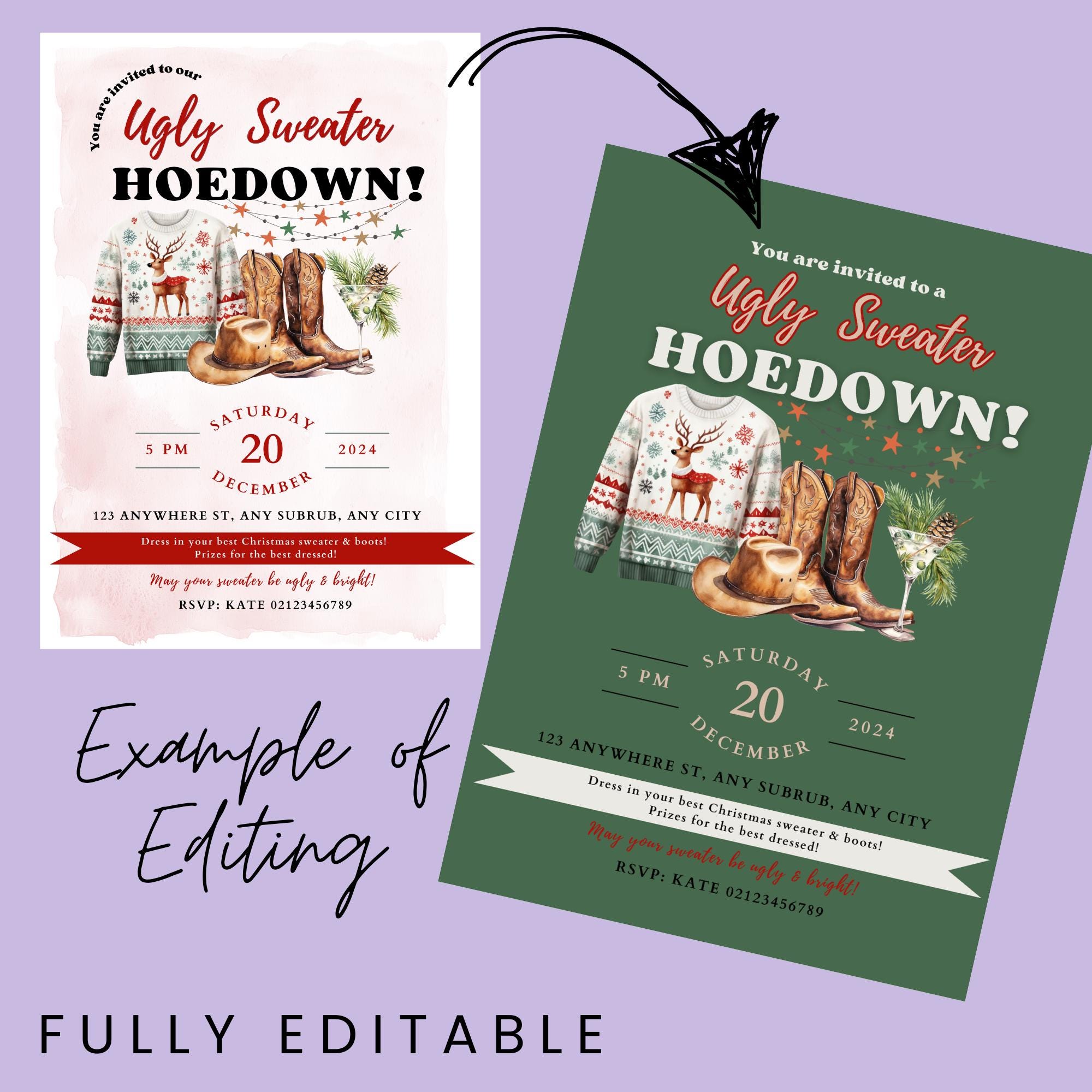 Editable Holiday Hoedown Invitation, Western Christmas Party Invite ...