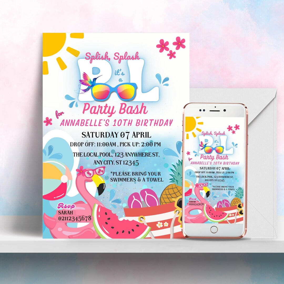 Editable Pool Party Invitation Tropical Splish Splash Girly Pool Party ...