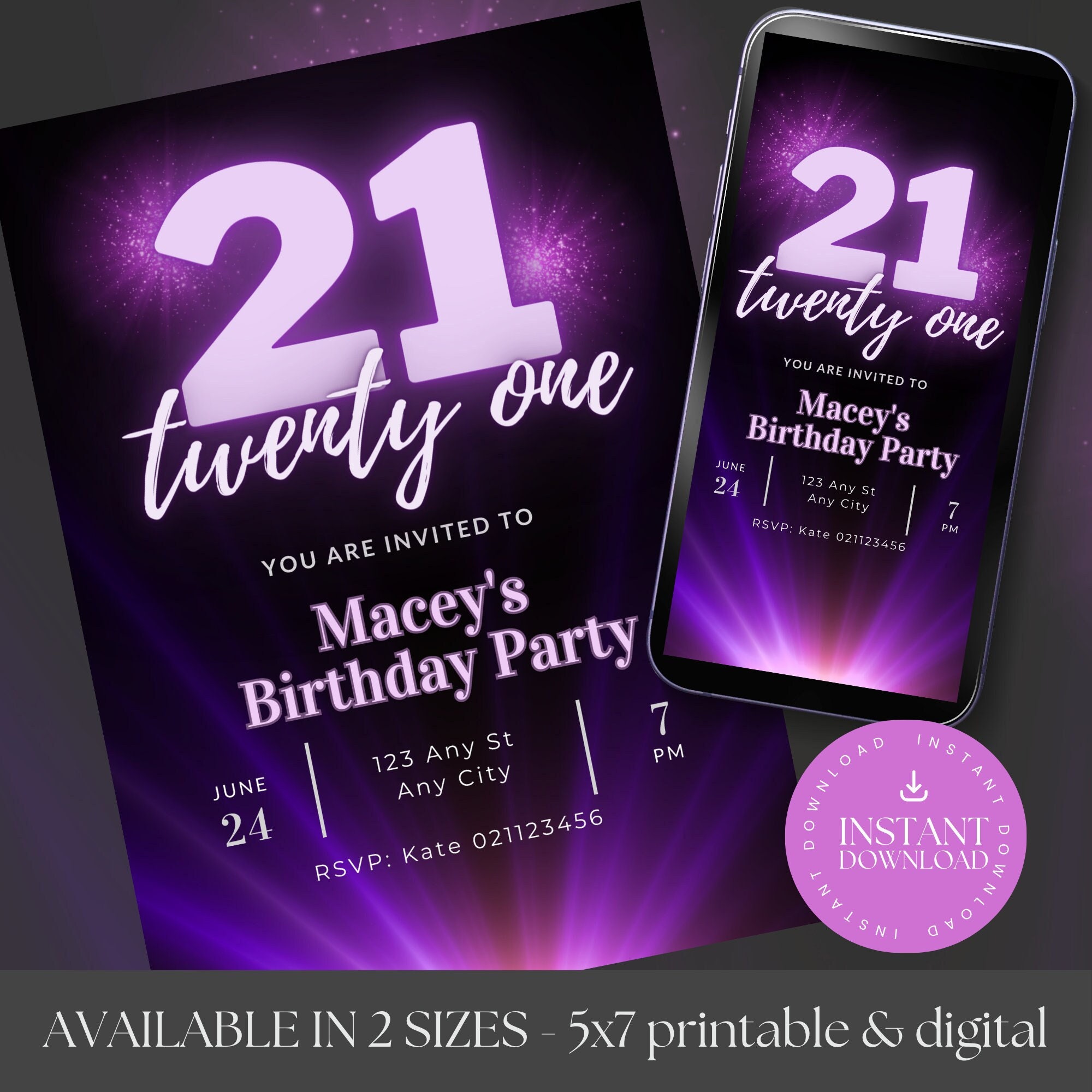 EDITABLE Neon Birthday Invitation, Purple and Black Birthday Invitation ...