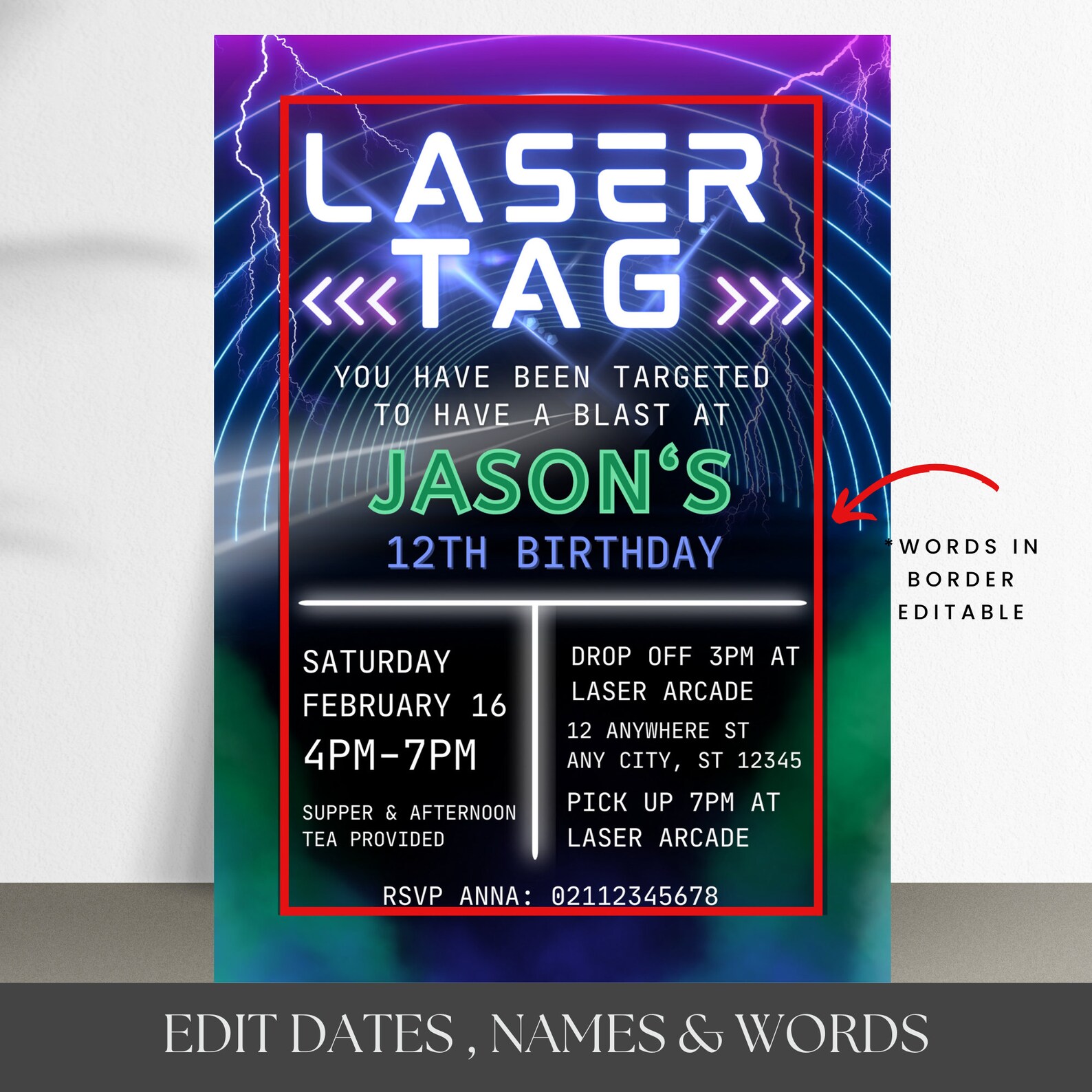 Editable Laser Tag Invitation,neon Laser Tag Birthday Invitation,glow ...