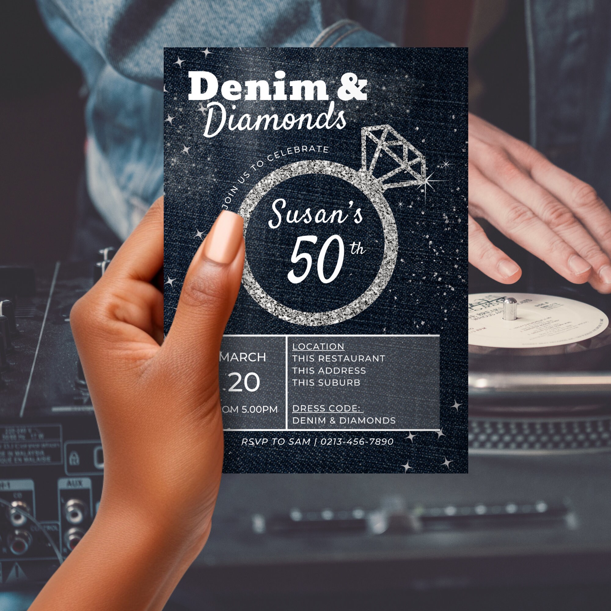Editable Denim Diamonds Birthday Invitation, 21st Birthday, 50th, Navy ...