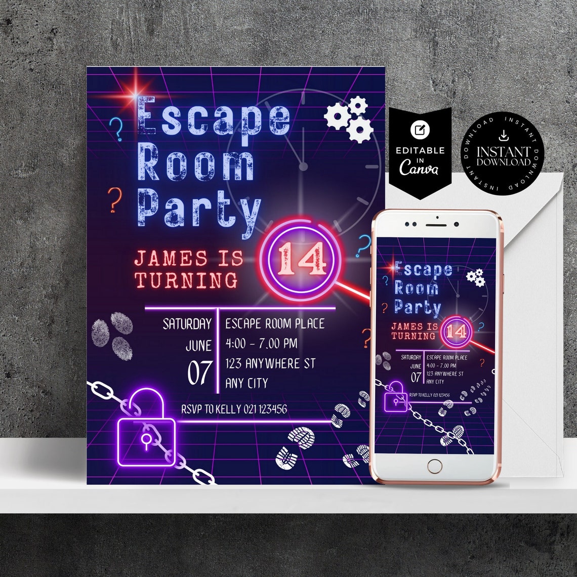 Editable Escape Room Birthday Invitation, Digital Neon Invite, Kids or ...