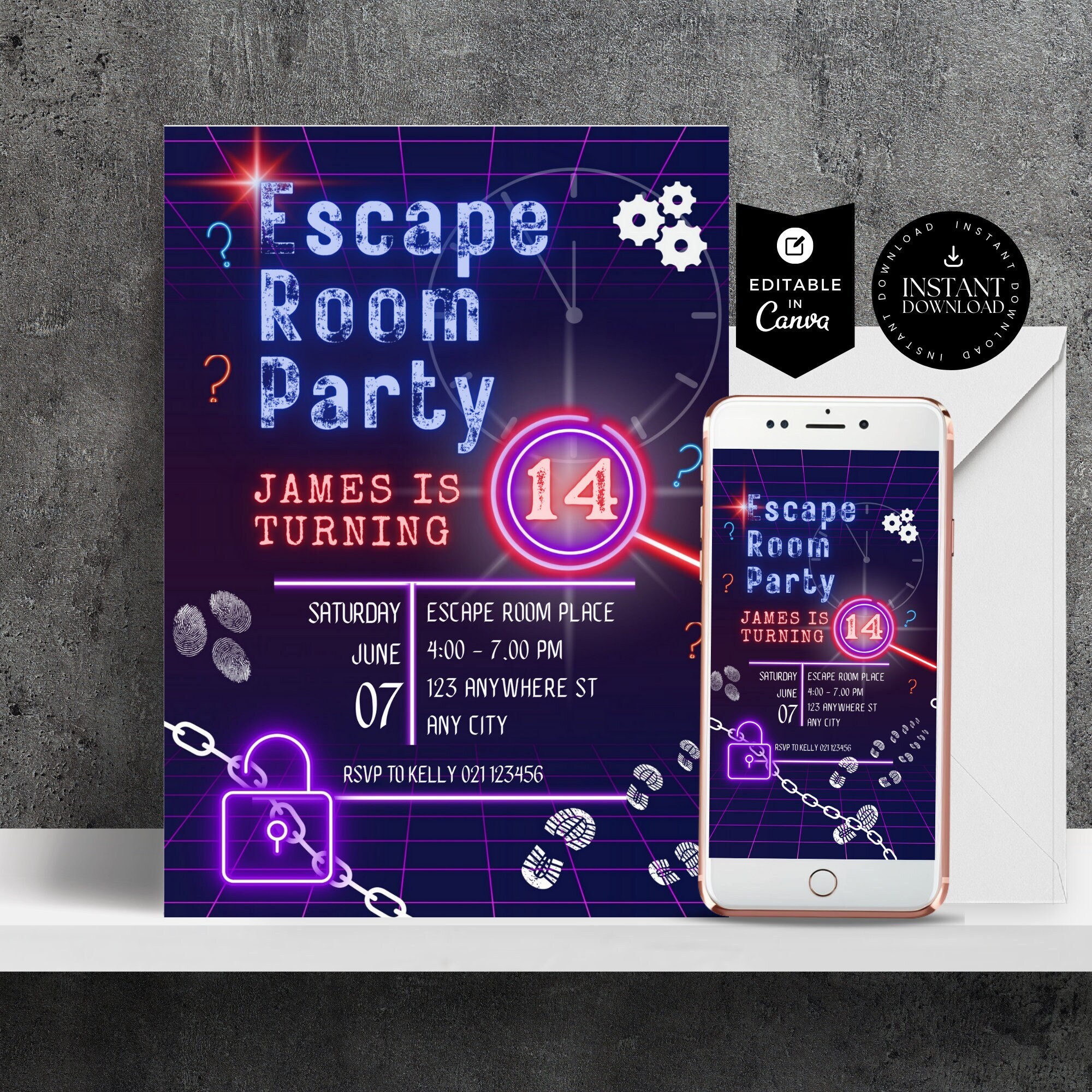 Editable Escape Room Birthday Bundle, Digital Neon Invite, Kids or ...