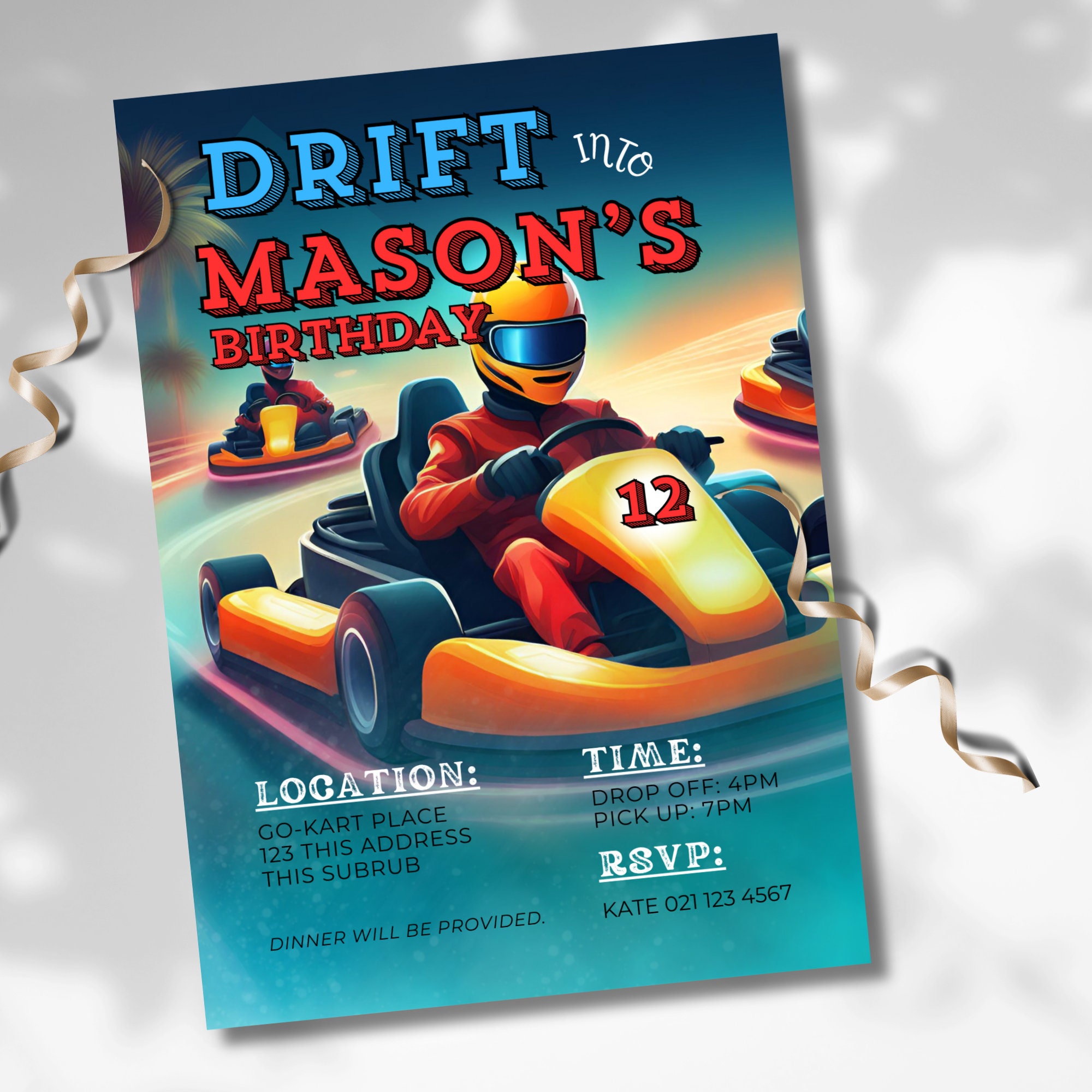 Go Kart Birthday Invitation, Go Kart Party, Karting Invitation, Go Kart ...