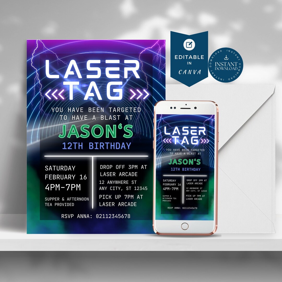 Editable Laser Tag Invitation,neon Laser Tag Birthday Invitation,glow ...