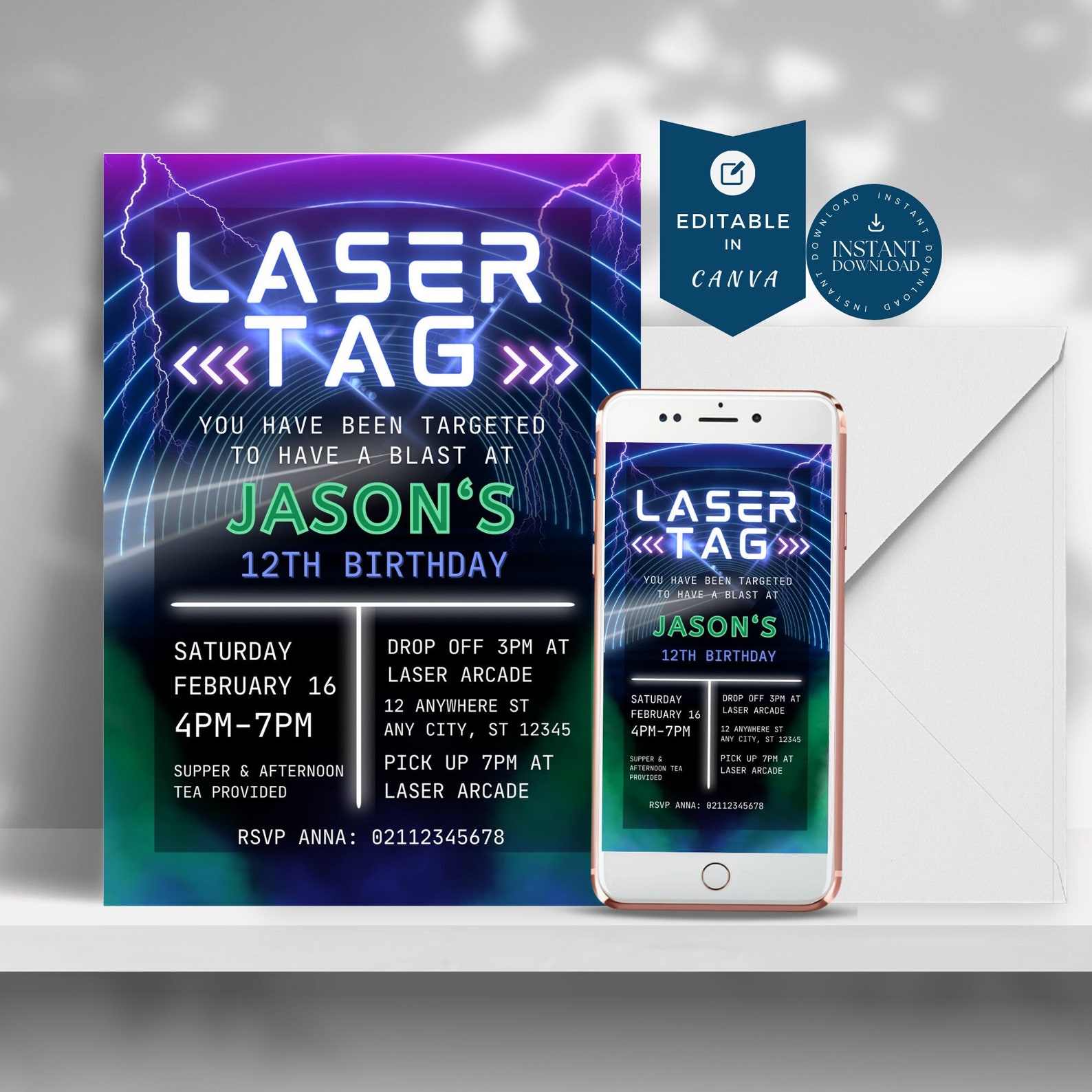 Editable Laser Tag Invitation,neon Laser Tag Birthday Invitation,glow ...