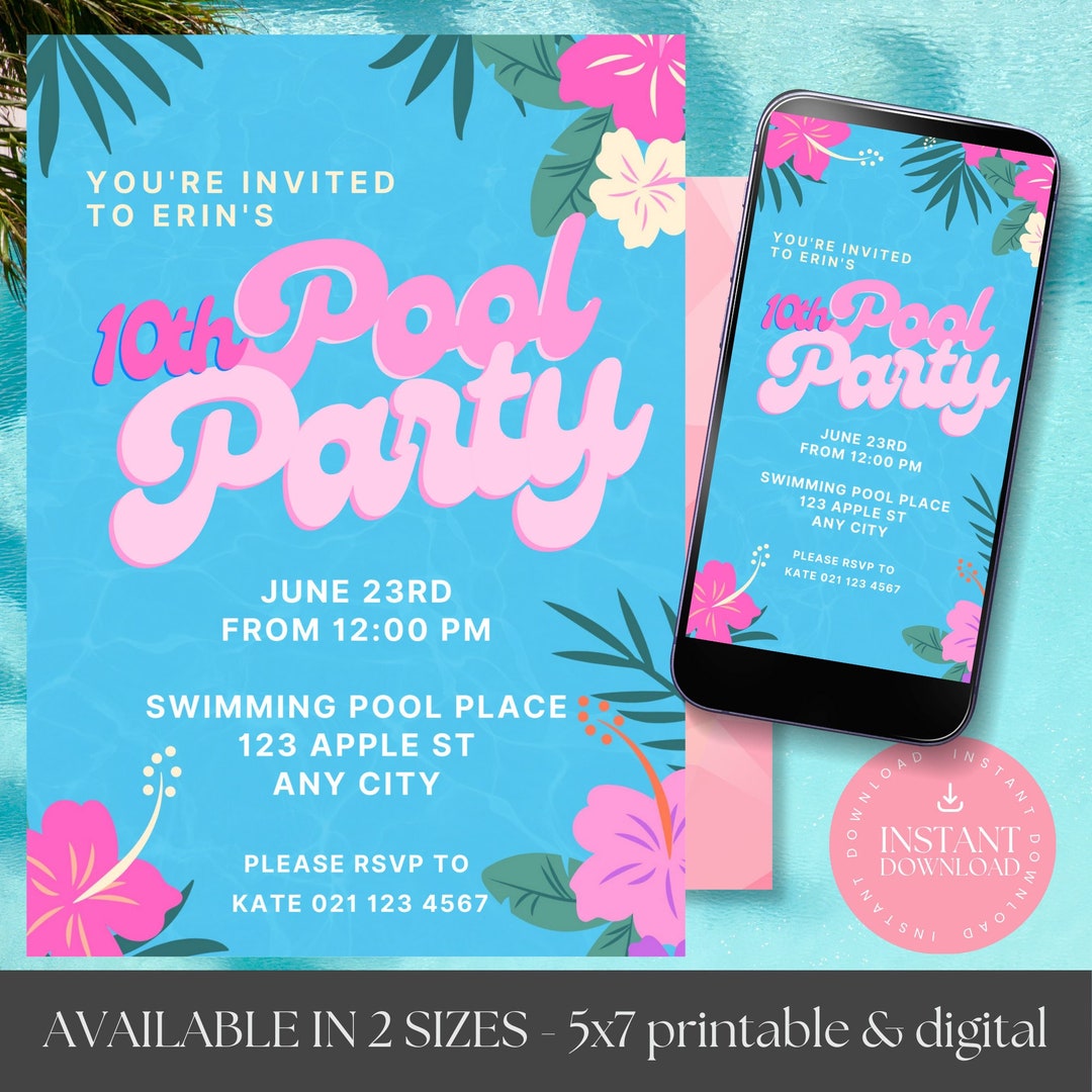 Pool Party Invitation, Printable Birthday Invitation, Pool Invitation ...