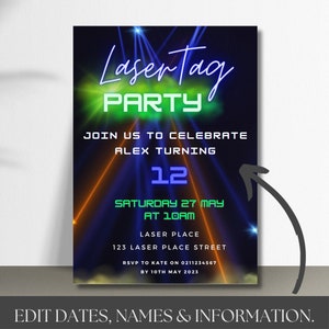 Editable Laser Tag Invitation,neon Laser Tag Birthday Invitation,glow ...