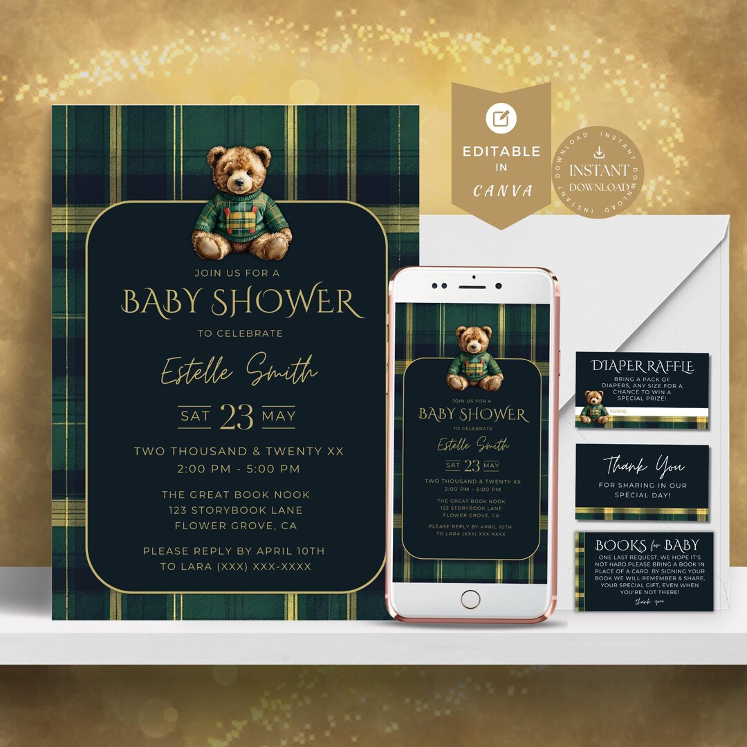 Classic Dark Green Plaid Equestrian Baby Shower Bundle | Invitations ...