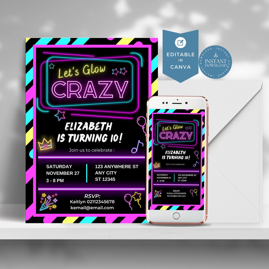 Editable Glow Party Birthday Invitation, Glow Gender Neutral Invites ...