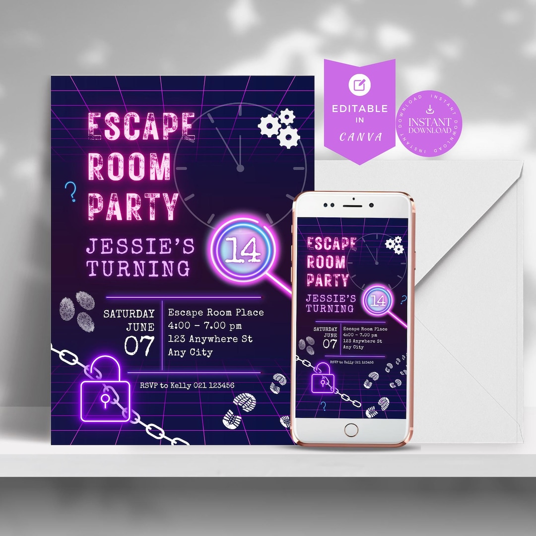 Editable Escape Room Birthday Invitation, Digital Neon Invite, Kids or ...