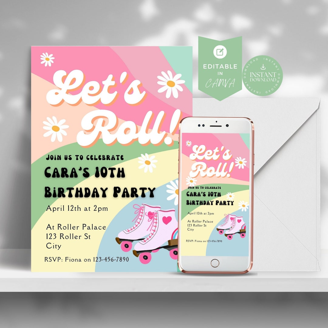 Let's Roll, Retro Groovy, Roller Skate Birthday Party Invitation, Daisy ...