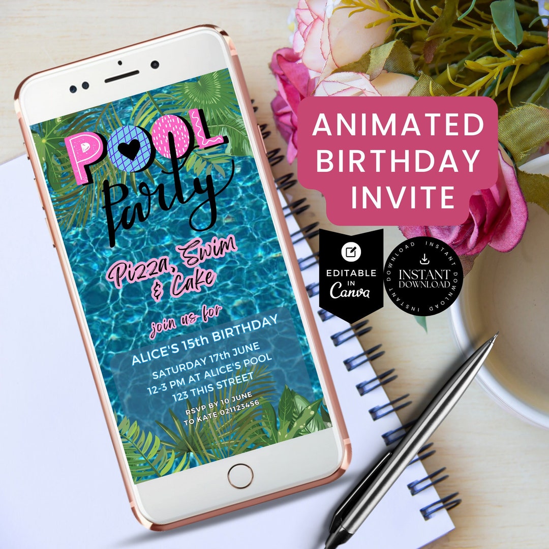 Pool Party Text Invitation Neon Summer Evite Birthday - Etsy