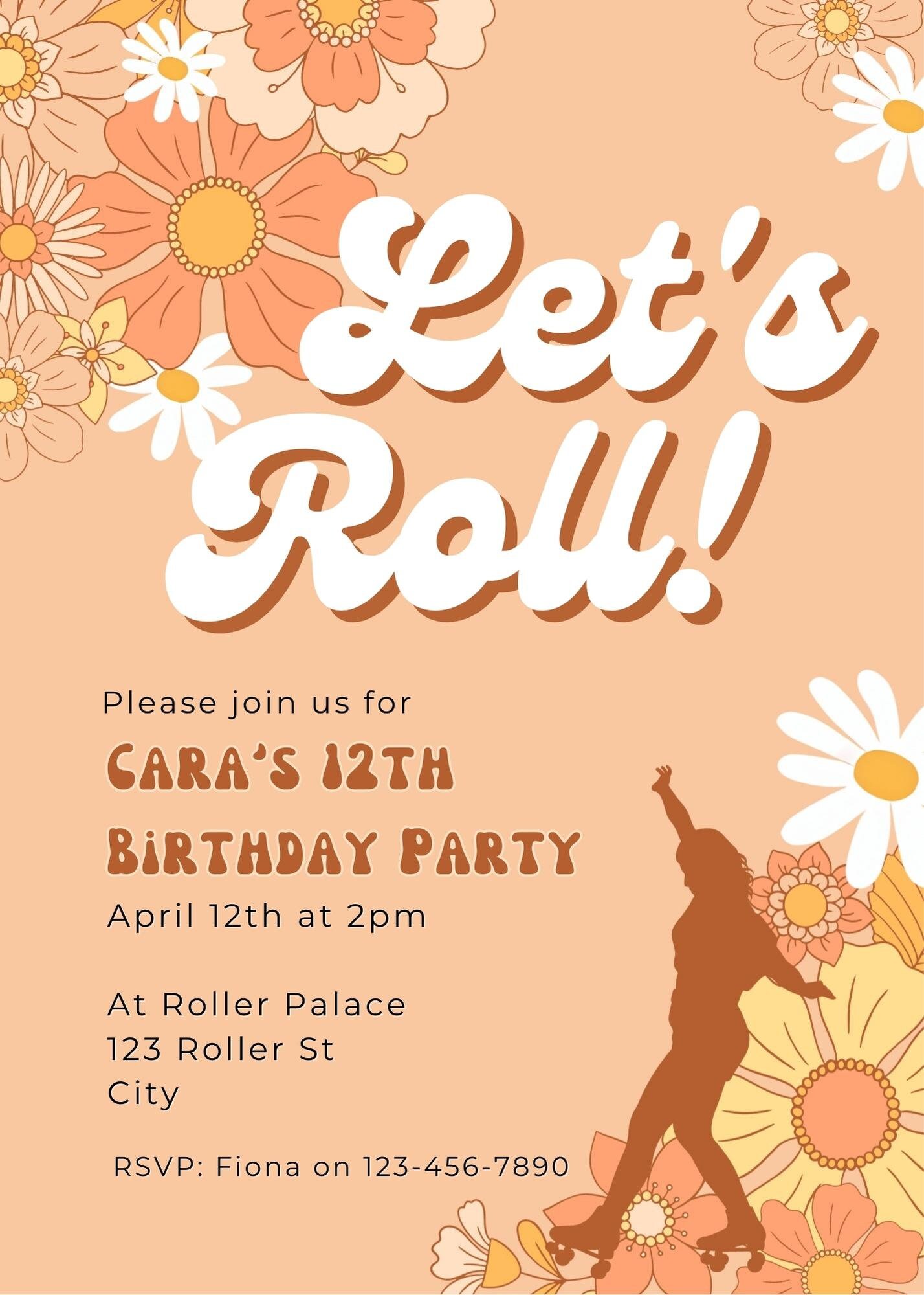 Let's Roll, Retro Groovy, Roller Skate Birthday Party Invitation, Daisy ...