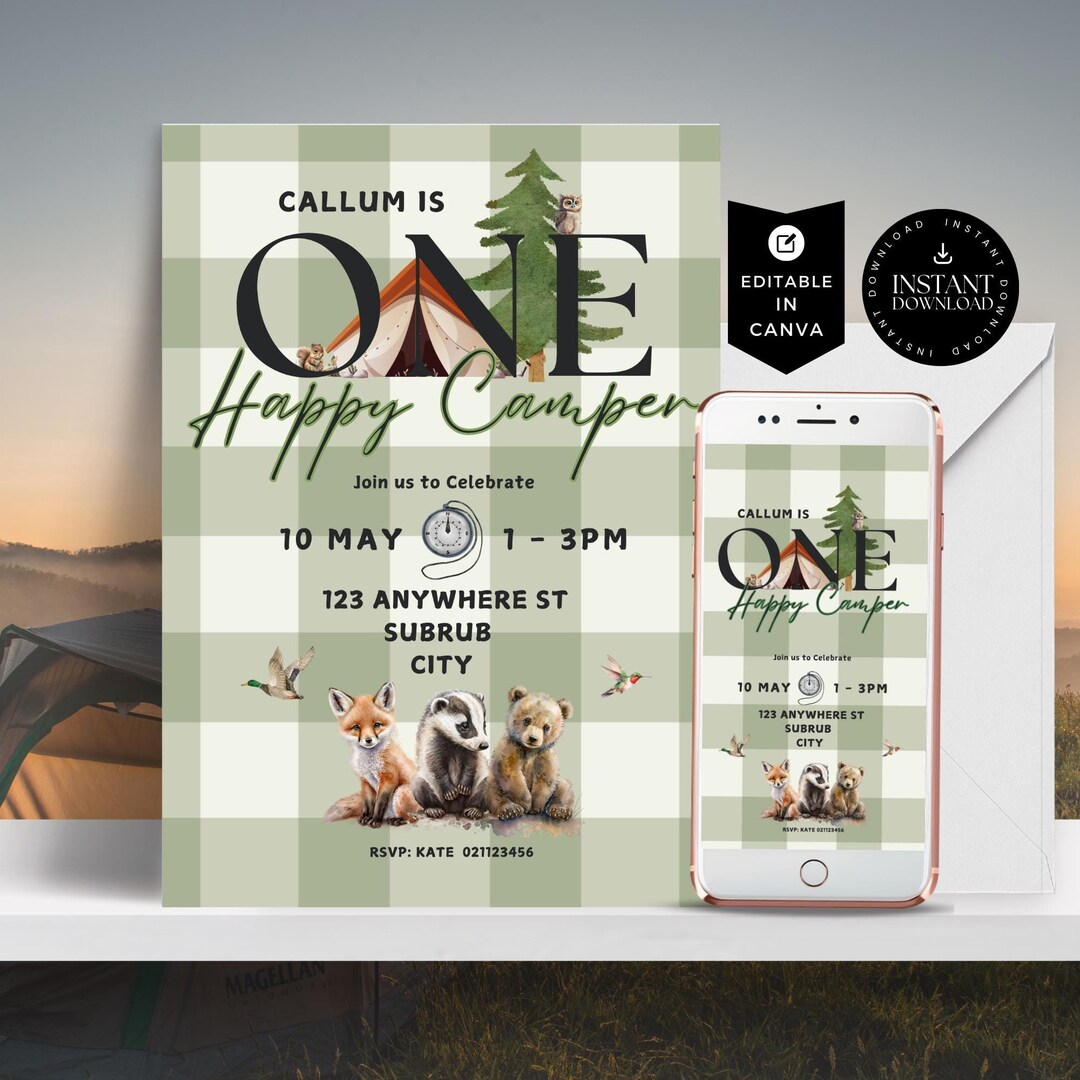 ONE Happy Camper Theme 1st Birthday Party Invitation, Camping, Camper ...