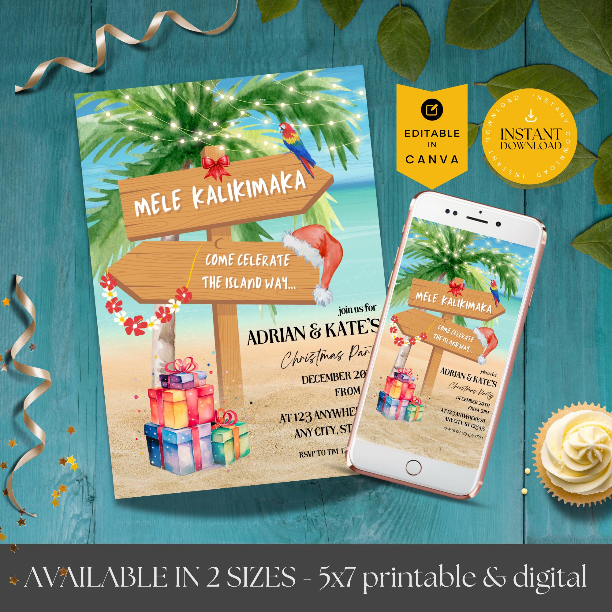 Editable Mele Kalikimaka Christmas Invitation Tropical Palm Tree ...