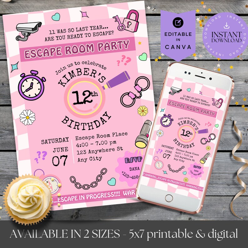 Invitación de cumpleaños editable de Escape Room, invitación de neón ...