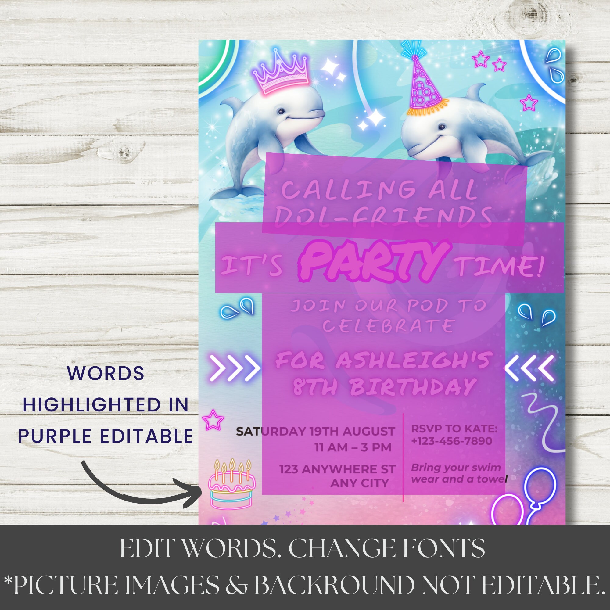 Editable Dolphin Birthday Party Invitation Tie Dye Neon Glow Dolphin ...