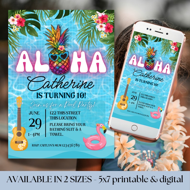 Editable Aloha Pool Party Invitation, Hawaiian Birthday Invite ...