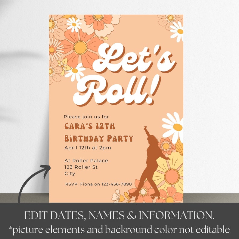 Let's Roll, Retro Groovy, Roller Skate Birthday Party Invitation, Daisy ...