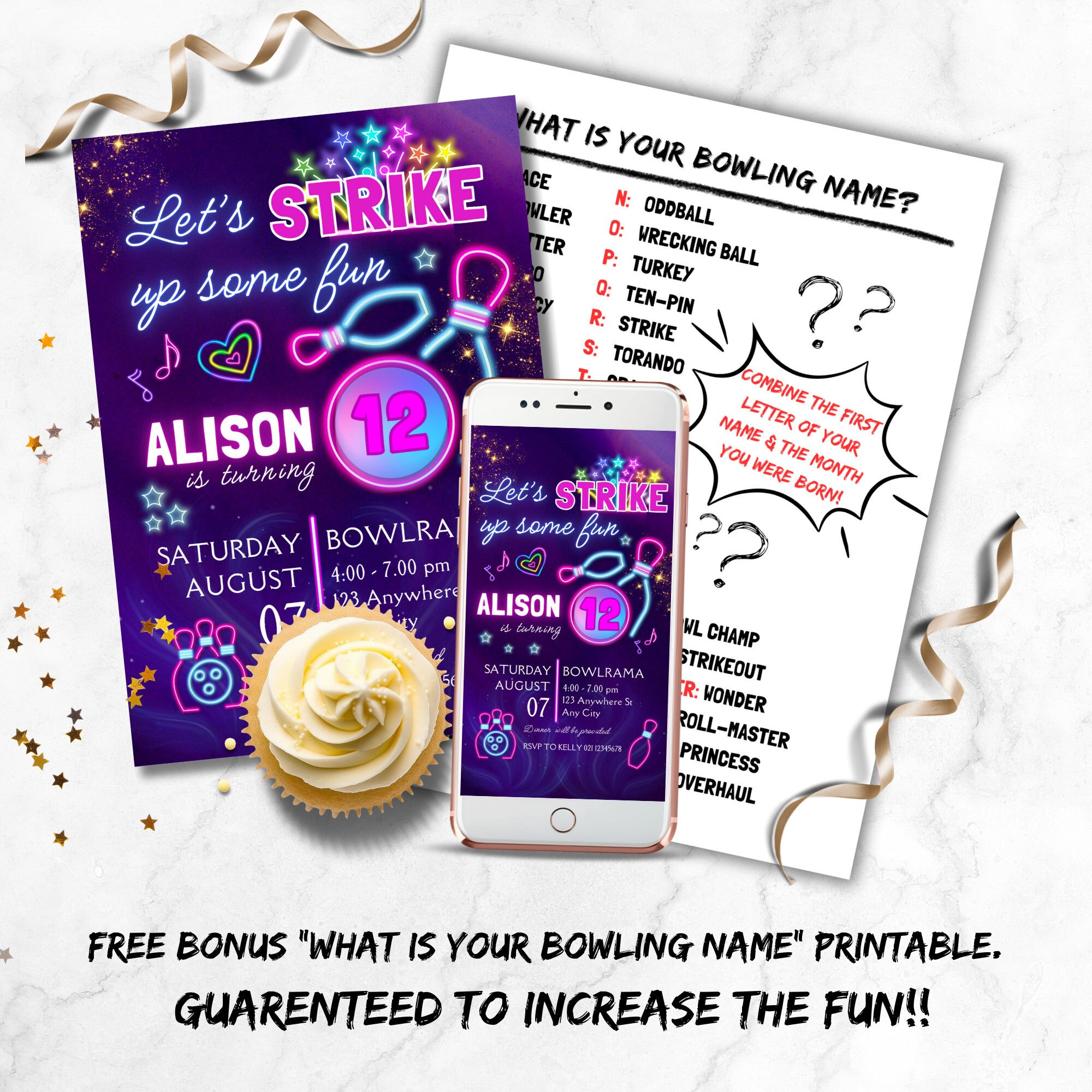 Bowling Birthday Invitation Instant Download Template, Editable Teen ...