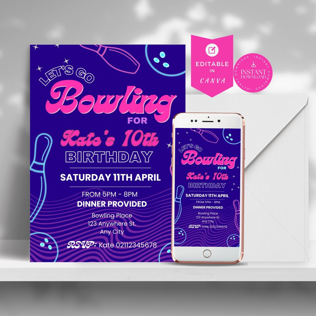 Bowling Birthday Invitation Instant Download Template, Editable Teen ...