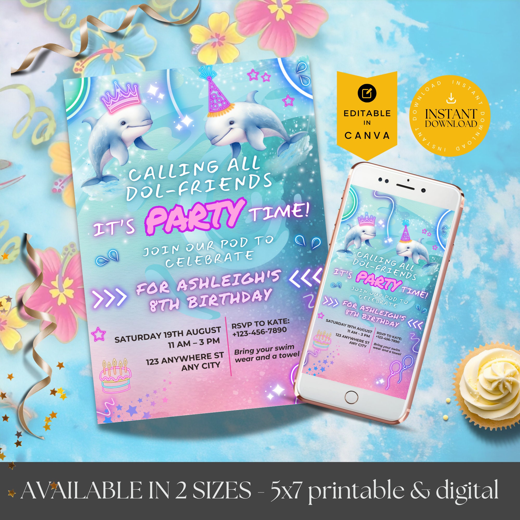 Editable Dolphin Birthday Party Invitation Tie Dye Neon Glow Dolphin ...