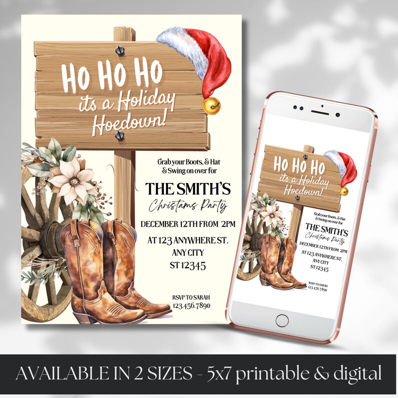 Editable Holiday Hoedown Invitation, Western Christmas Party Invite ...