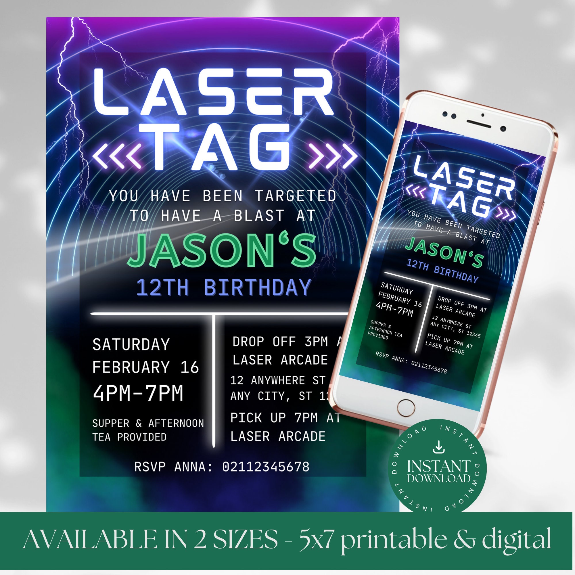 Editable Laser Tag Invitation,neon Laser Tag Birthday Invitation,glow ...