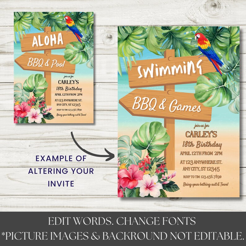 Editable Aloha Pool Party Invitation, Hawaiian Birthday Invite ...
