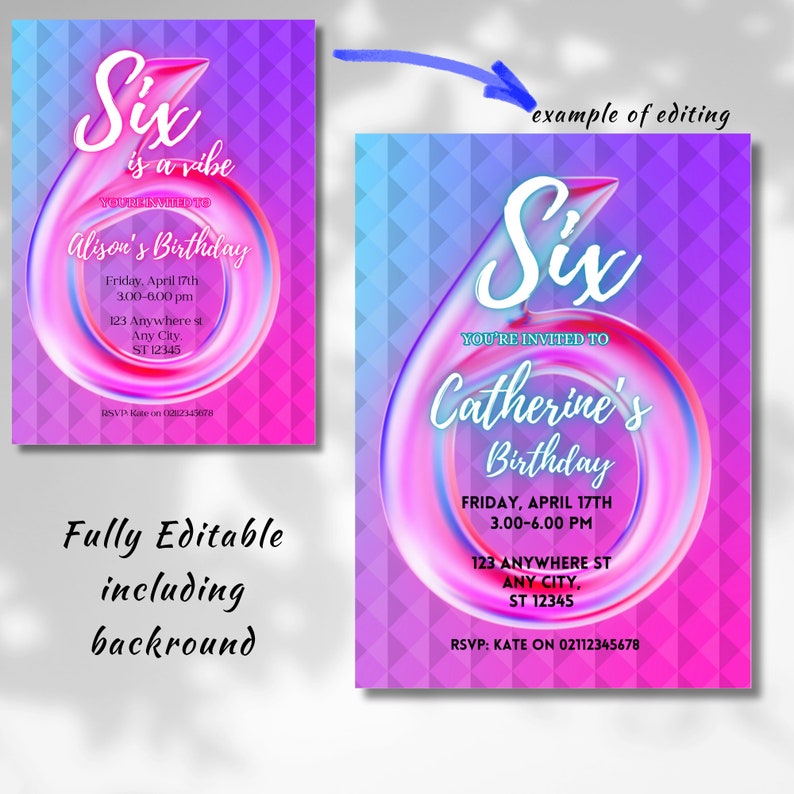 EDITABLE Neon Birthday Invitation, Pink Birthday Invitation, 6th Invite ...