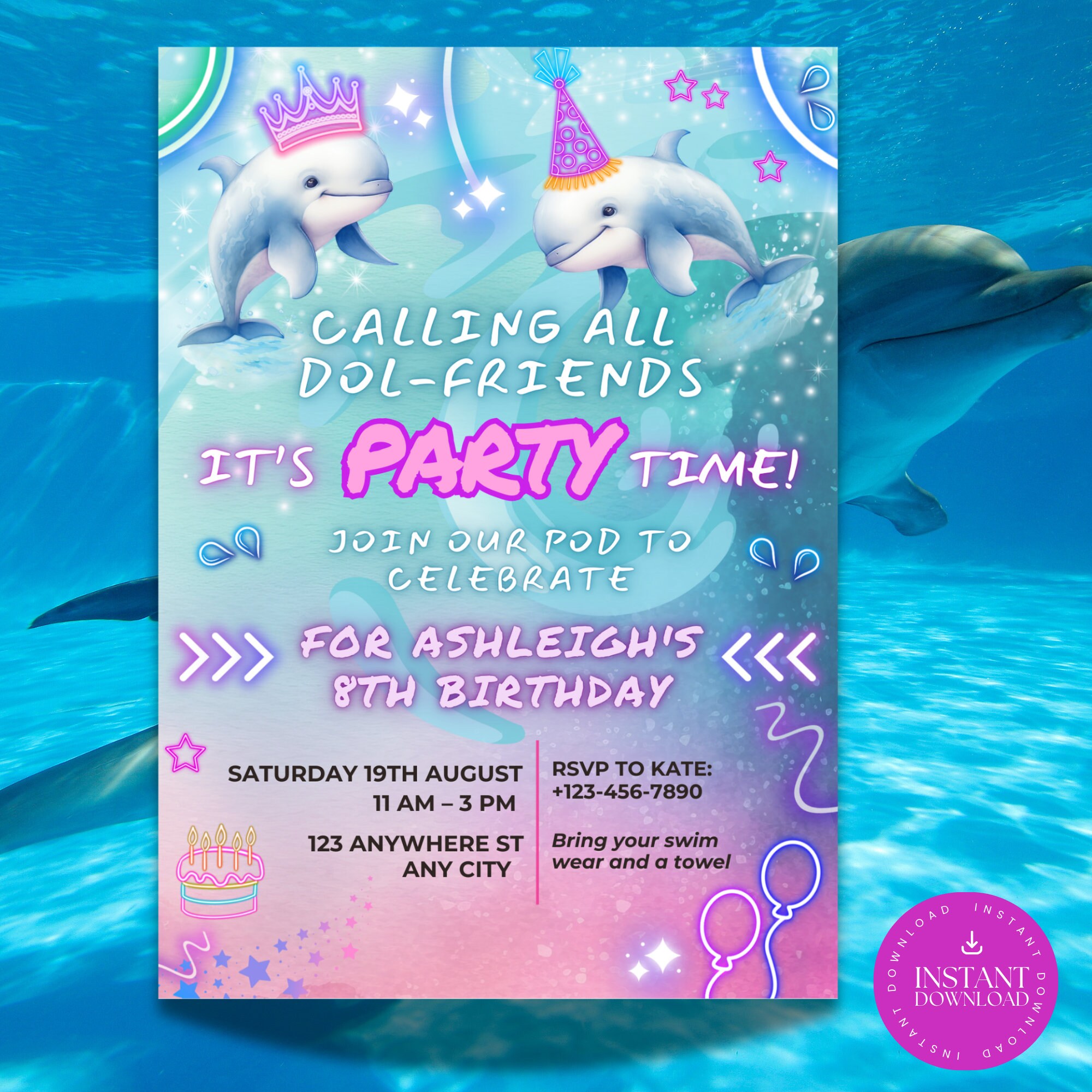 Editable Dolphin Birthday Party Invitation Tie Dye Neon Glow Dolphin ...